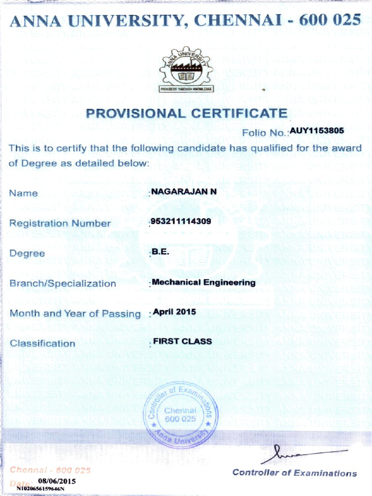 Provisional Certificate for B.E. Mechanical | PDF
