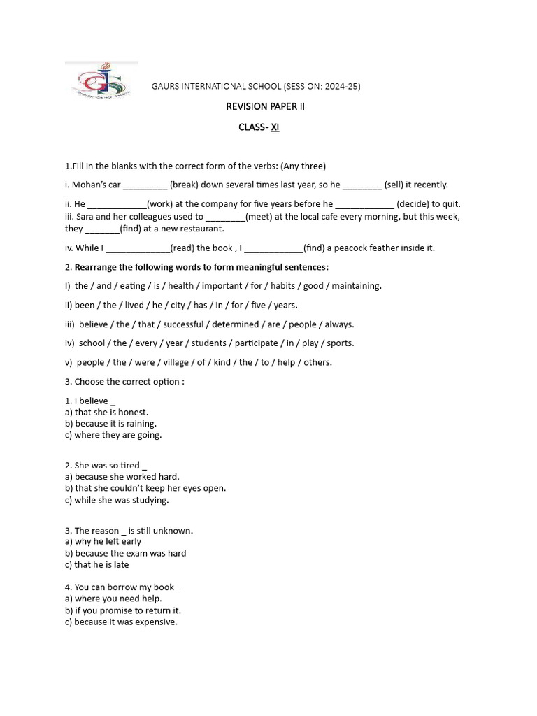 Class Xi Revision Paper 2 | PDF