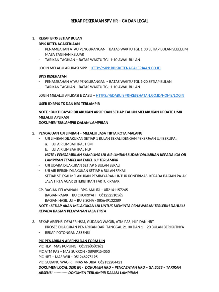 Rekap Pekerjaan SPV HR dan Legal | PDF