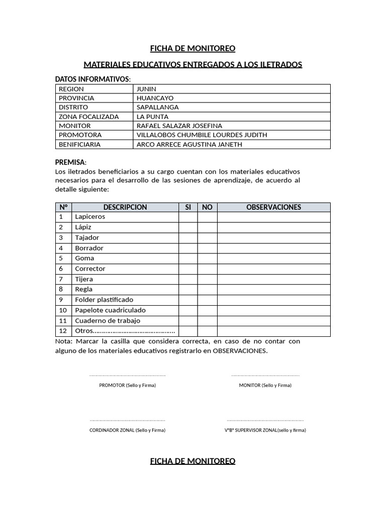 Ficha de Monitoreo | PDF