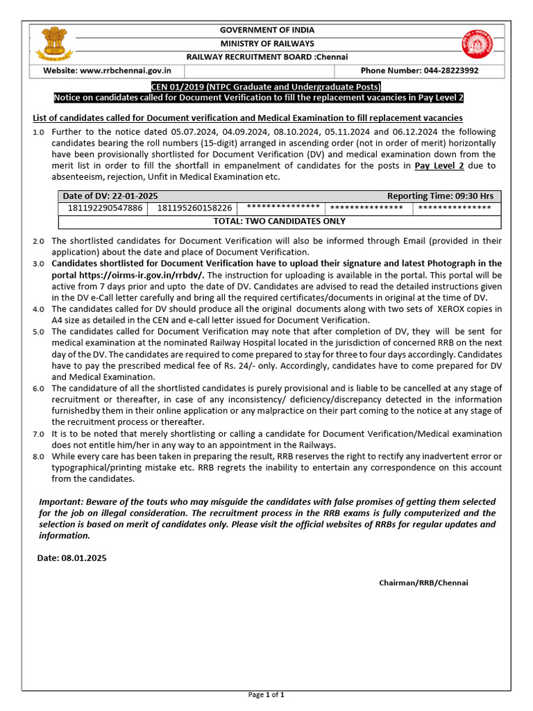 NTPC Document Verification Notice 2025 | PDF