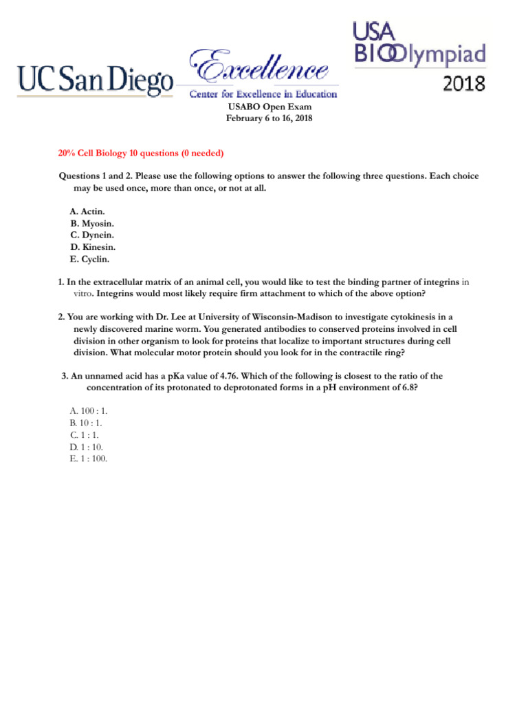USABO Open Exam 2018 Cell Biology | PDF | Operon | Gene