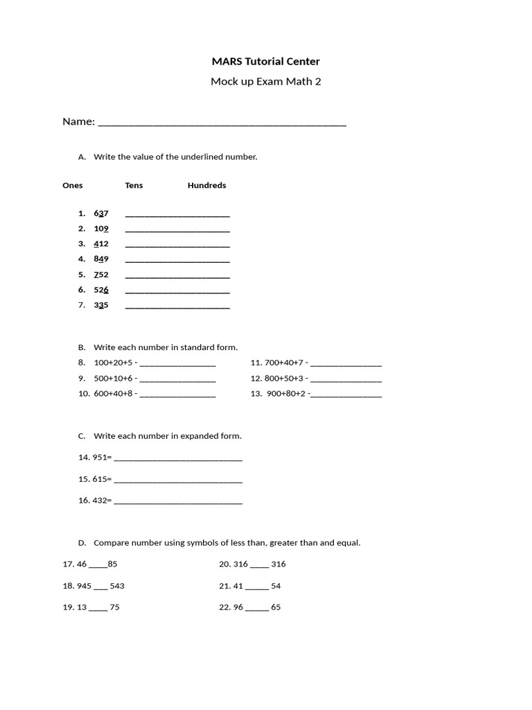 Mock Math Exam 2 Practice | PDF