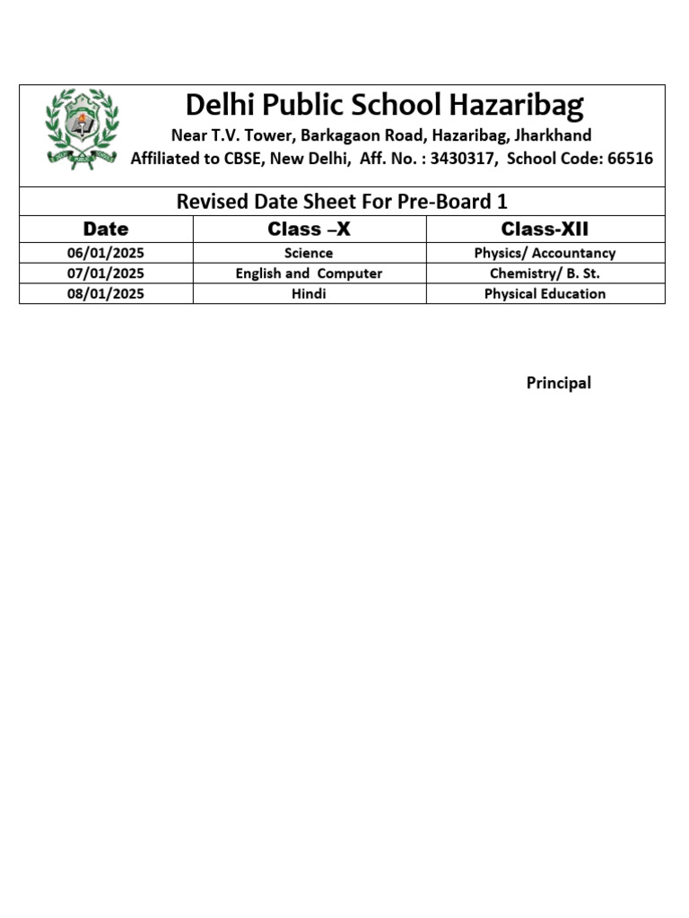 DPS Hazaribag Pre-Board Schedule | PDF