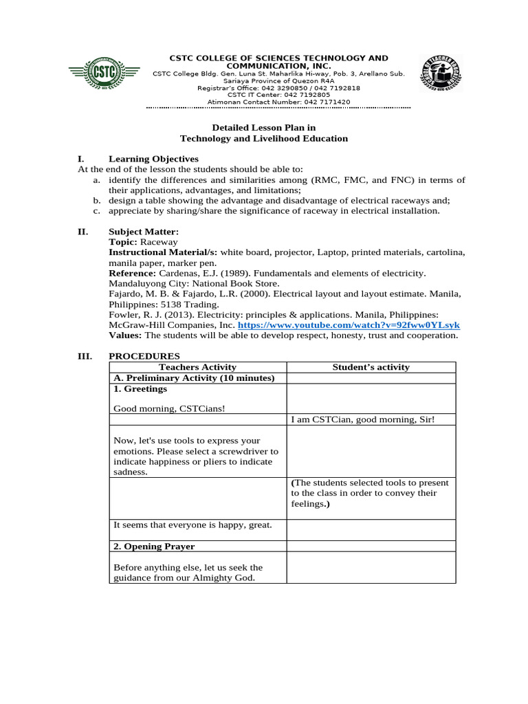 1st Lesson Plan. Raceway Final | PDF | Electrical Wiring | Building ...