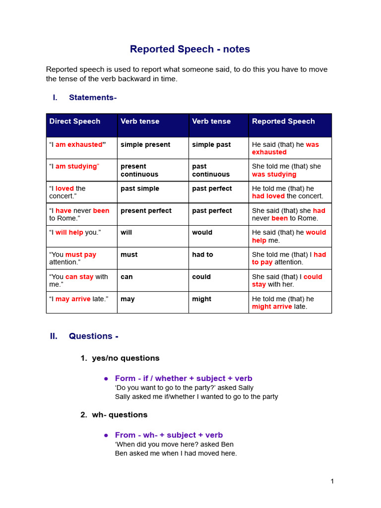 Reported Speech: Tense Changes Guide | PDF | Languages | Foreign ...