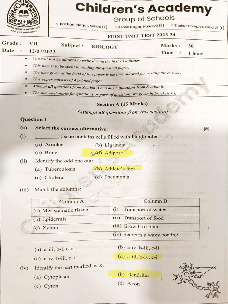 Biology-Unit Test 1 - Grade 7 | PDF