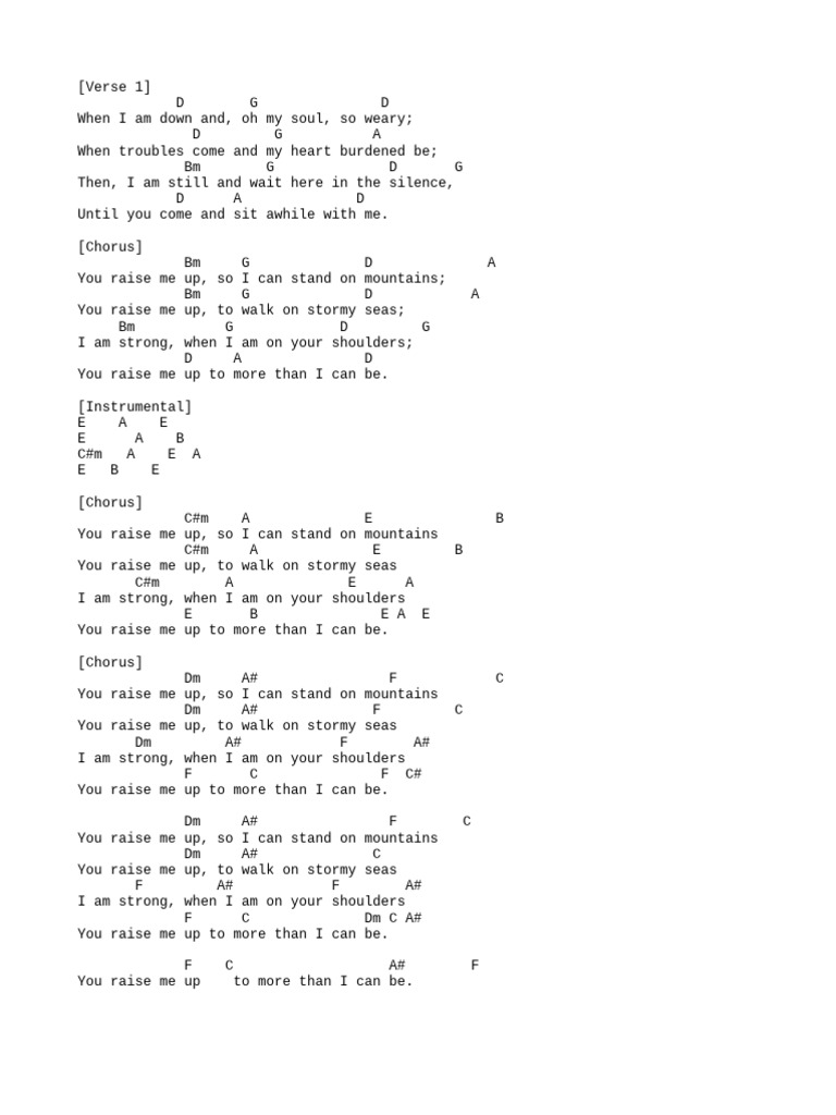 You Raise Me Up Lyrics and Chords | PDF