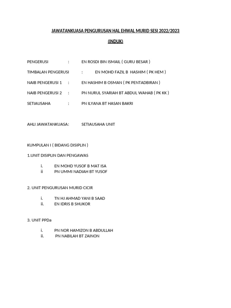 Jawatankuasa Pengurusan Hal Ehwal Murid 2022 | PDF