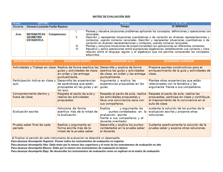 Matriz Septimo 2024 | PDF | Evaluación | Cognición