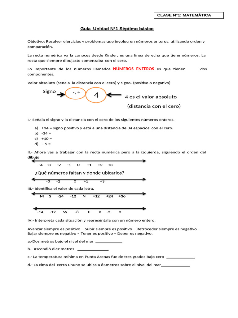 Ejercicios de Números Enteros Séptimo Básico | PDF | Sustracción | Entero