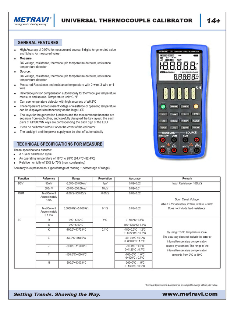 Metravi 14 Plus Universal Source Thermocouple Calibrator Catalogue | PDF