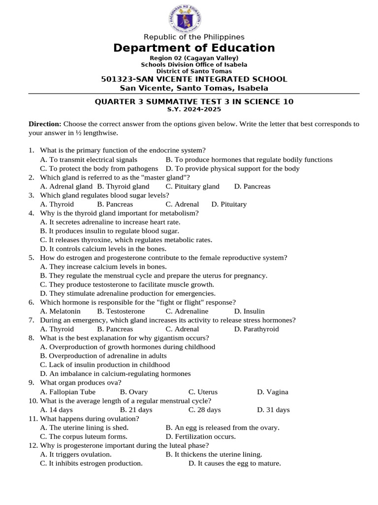 Science 10 Quarter 3 Summative Tests | PDF | Menstrual Cycle | Point ...