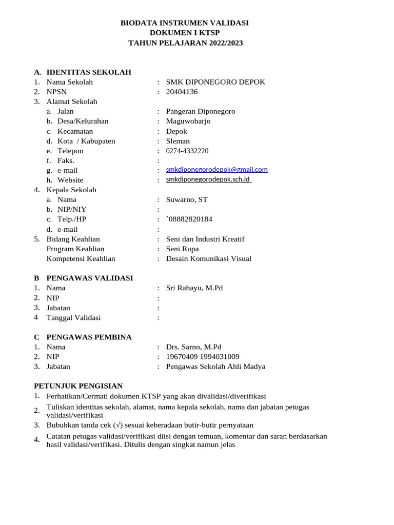DKV Instrumen Validasi KTSP 2022 | PDF