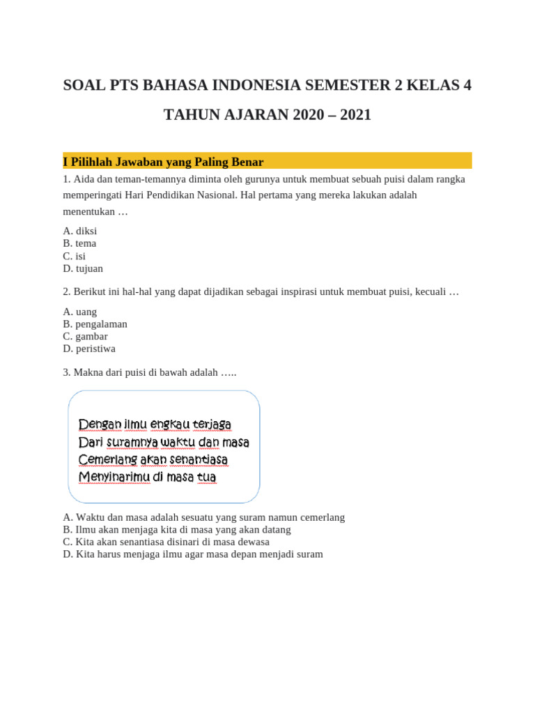 Soal PTS Bahasa Indonesia Semester 2 Kelas 4 Tahun Ajaran 2020 | PDF