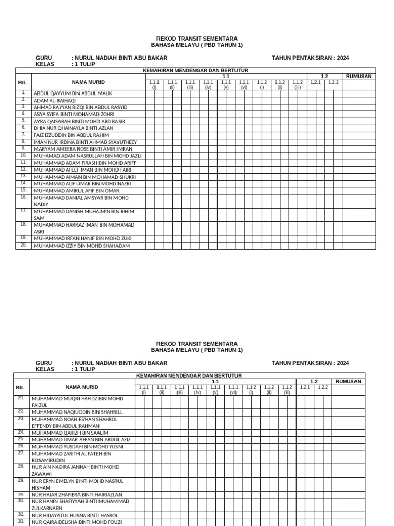 Rekod Transit Sementara BM Tahun 1 SKBK | PDF