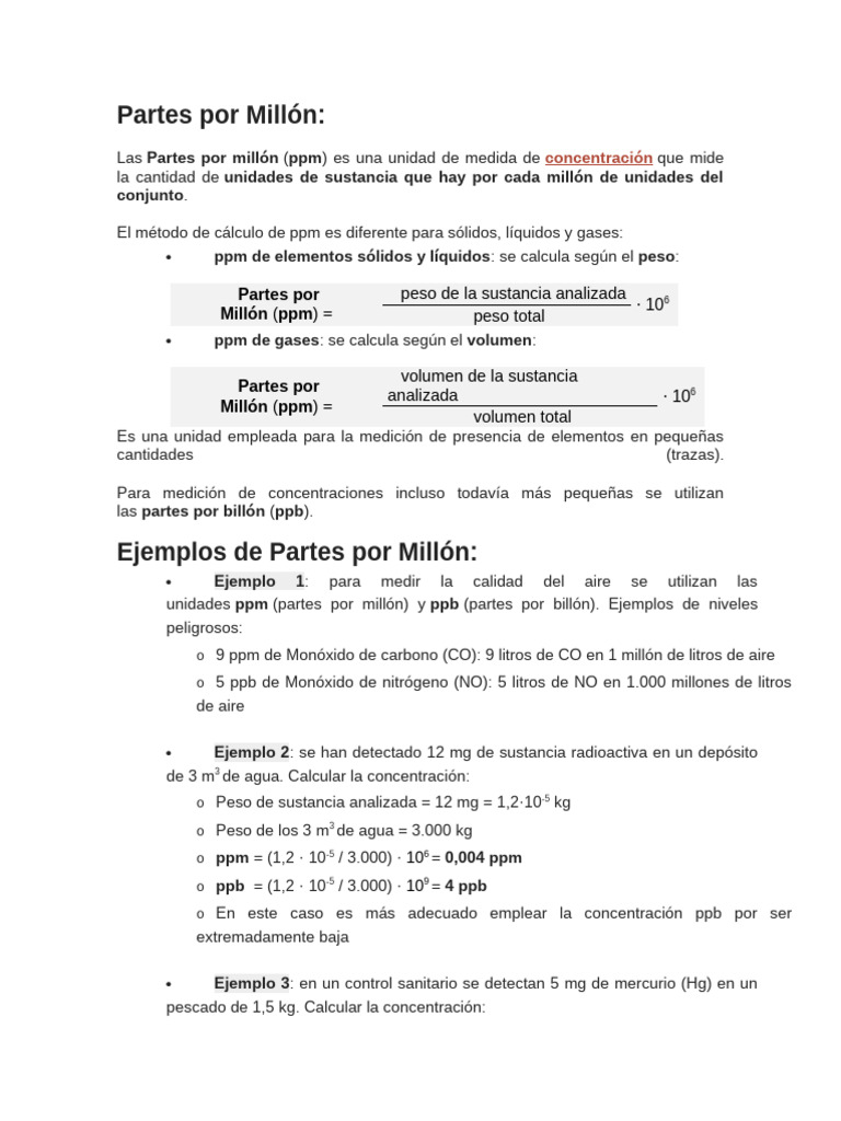 Cálculo y Ejemplos de Partes por Millón | PDF | Partes por notación ...