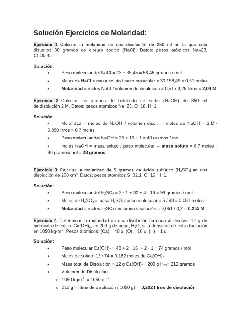 Solución Ejercicios de Molaridad | PDF