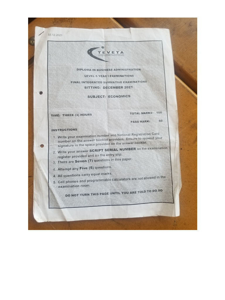 Economics Teveta Paper | PDF