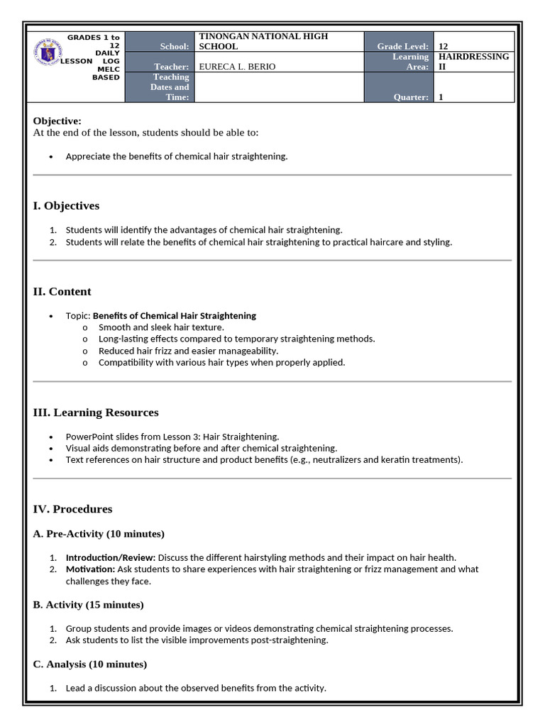 Chemical Hair Straightening Lesson Plan | PDF | Emergency
