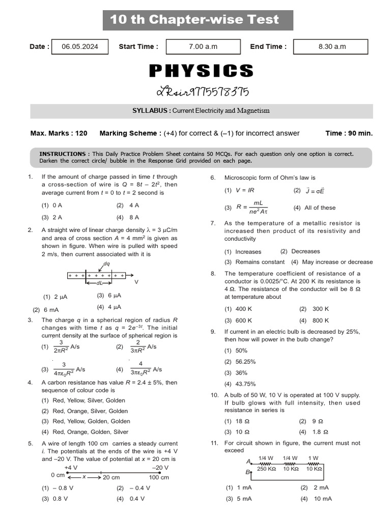 Current Electricity & Magnetism Mock Test 10 Advanced | PDF ...