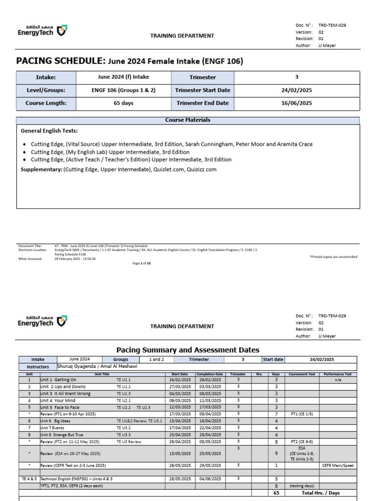 June 2024 (F) Level 106 (Trimester 3) Pacing Schedule | PDF | English Language | Languages