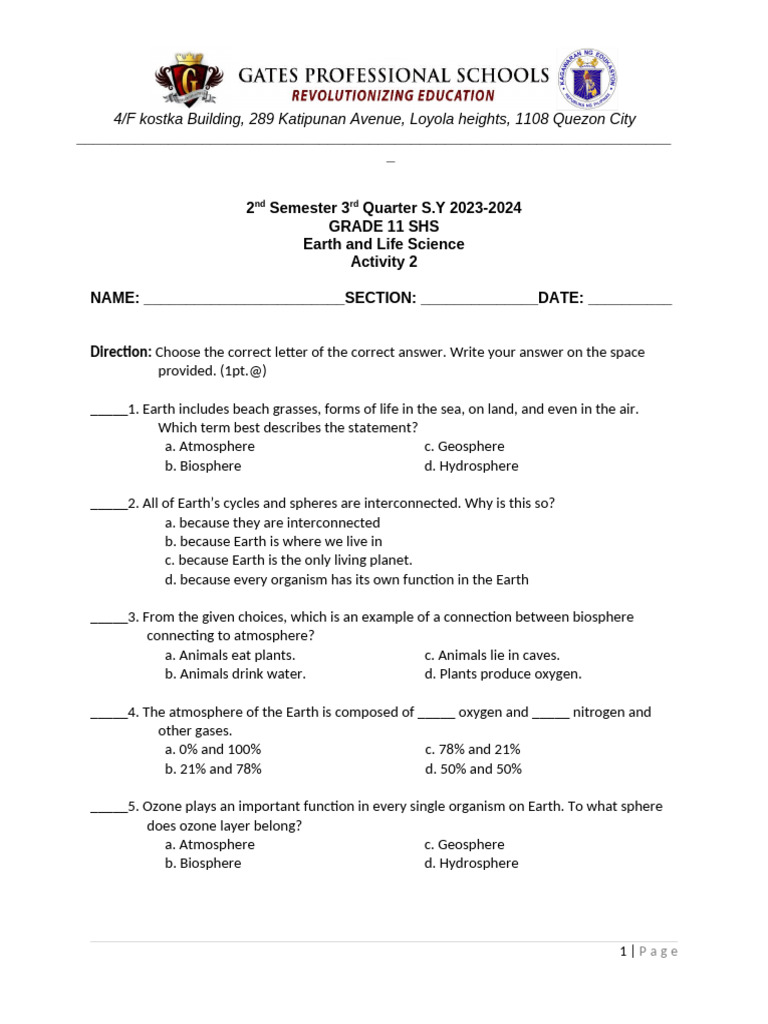 Grade 11 Earth Science Quiz | PDF | Earth | Atmosphere
