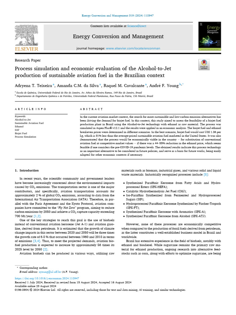 Process Simulation and Economic Evaluation of The Alcohol-to-Jet ...
