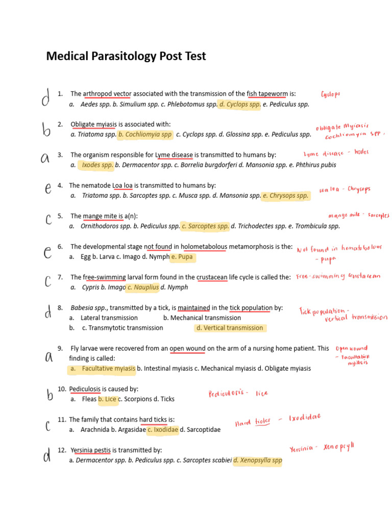 Reviewer Parasitology (Post Test) | PDF | Plasmodium | Microbiology