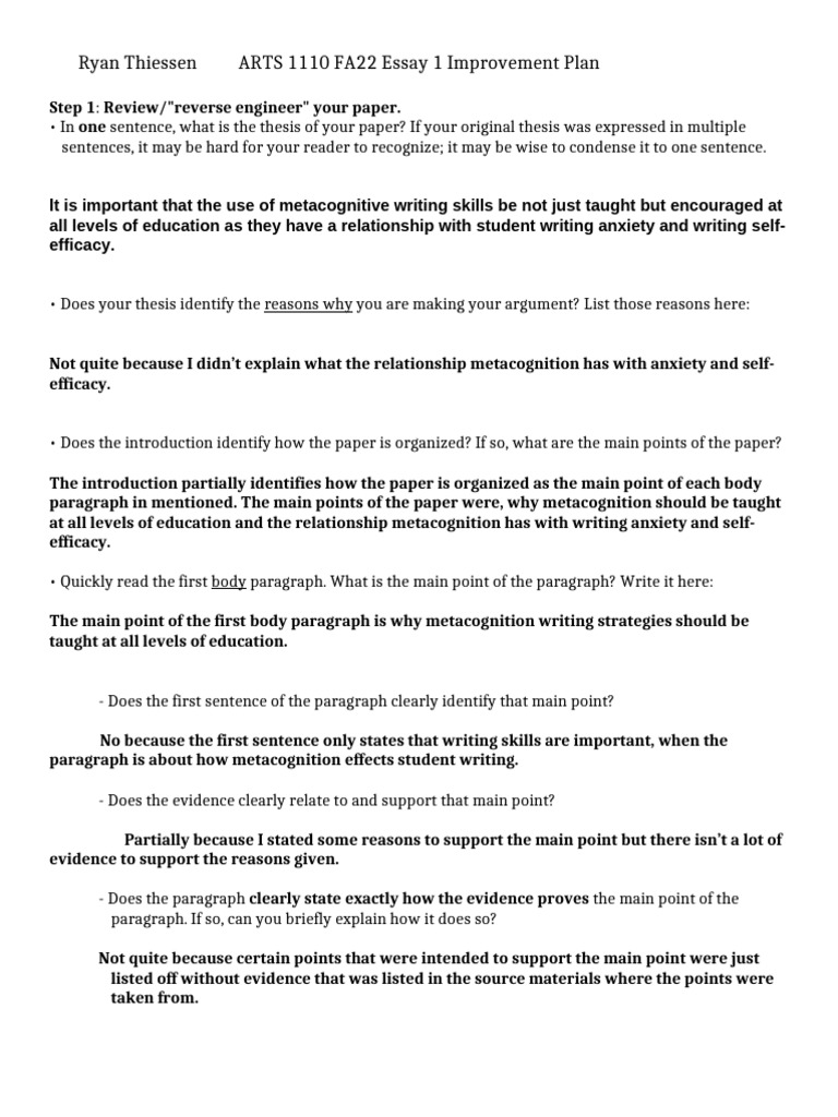 ARTS 1110 Essay 1 Improvement Plan FA22 Ryan Thiessen | PDF | Essays ...