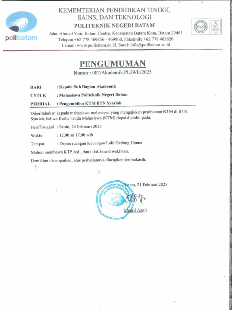 Pengumuman Pengambila KTM BTN Syariah | PDF