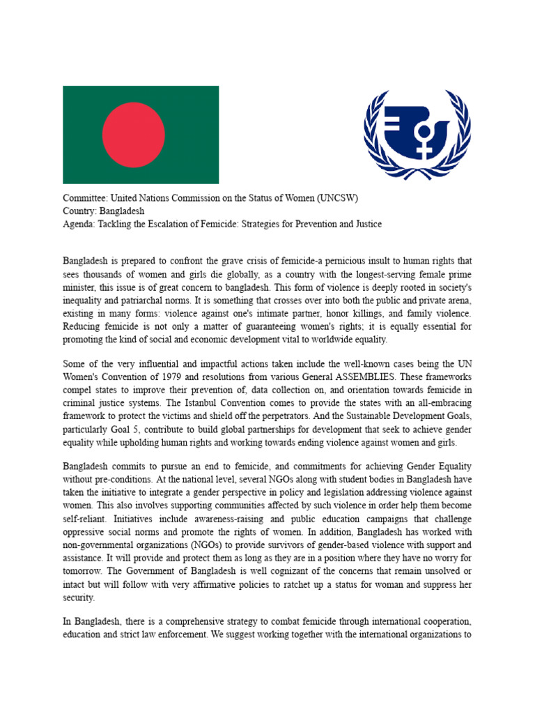 Bangladesh - Agenda 2 UNCSW (Poistion Paper) (1) 2 | PDF | Violence ...