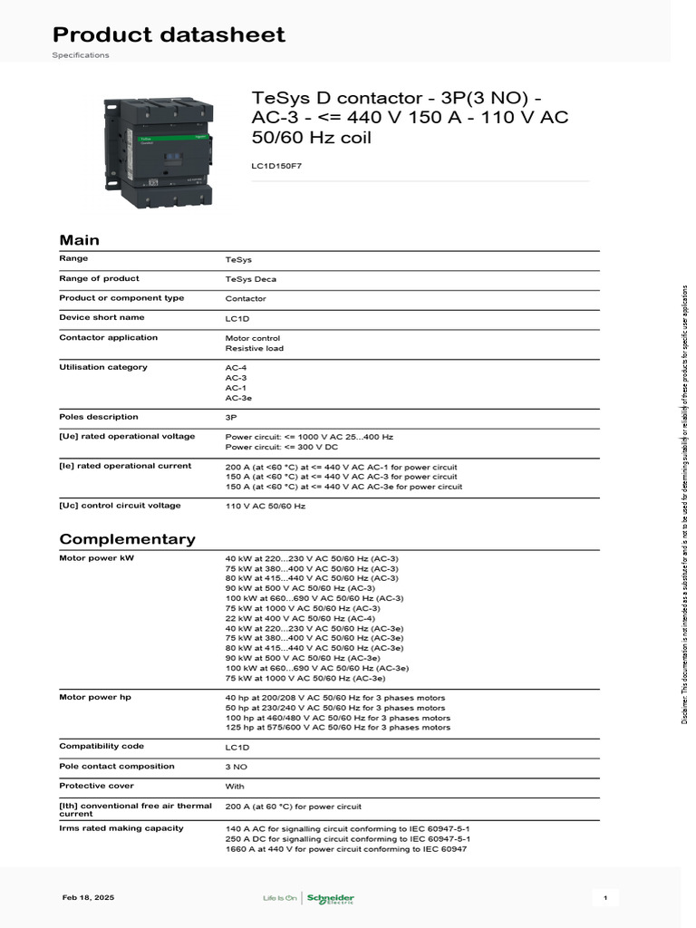 Schneider Electric - TeSys-Deca-contactors - LC1D150F7 | PDF ...