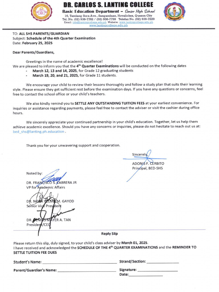 Letter To Parents Examination | PDF