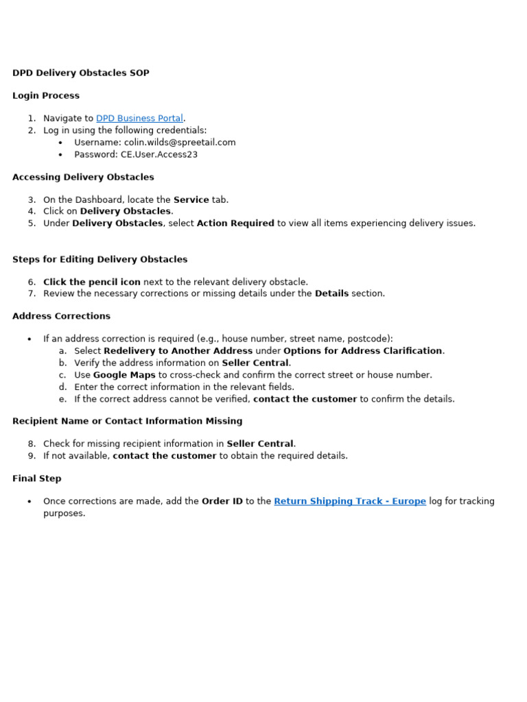 DPD Delivery Obstacles SOP Guide | PDF