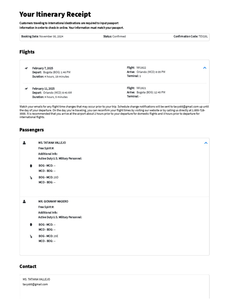 Check in - Your Itinerary Receipt - Spirit Airlines | PDF | Fee | Aviation