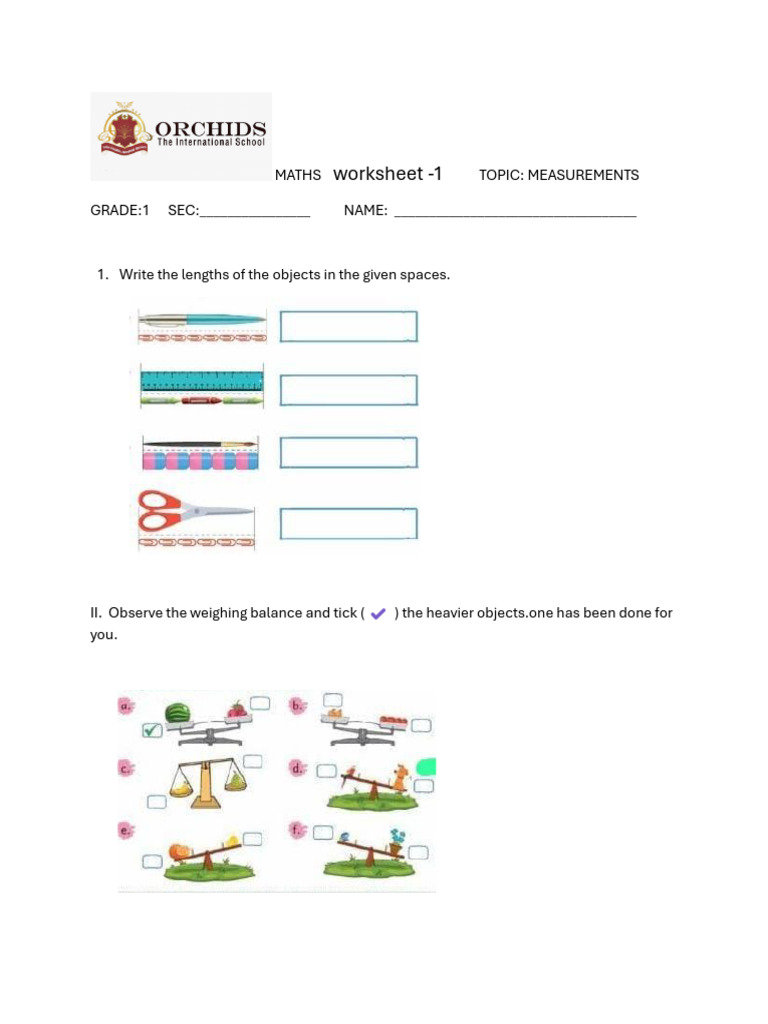Grade 1 Math Worksheet on Measurements | PDF