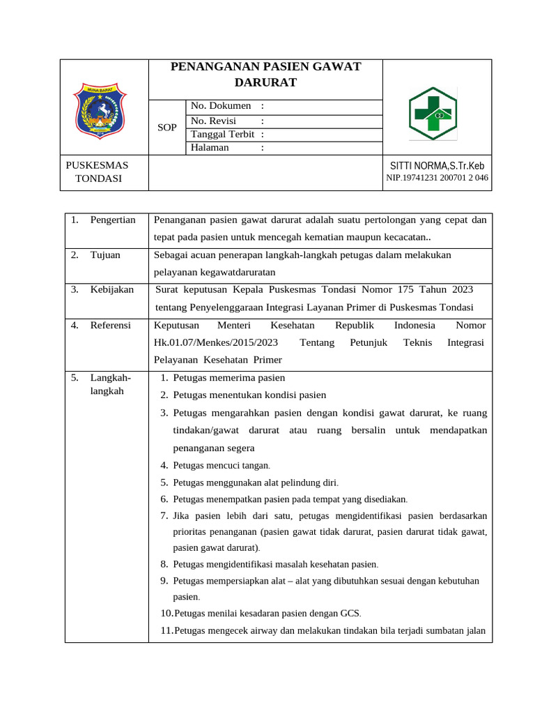 Sop Pasien Gawat Darurat | PDF