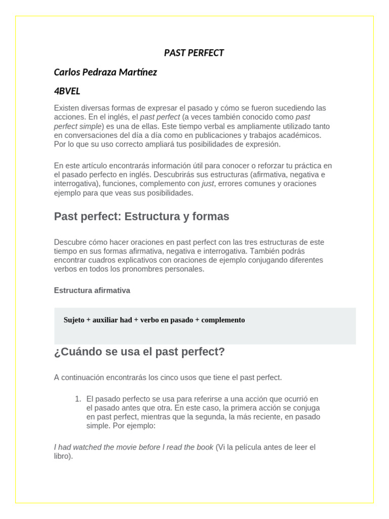 Guía Completa del Past Perfect en Inglés | PDF | Verbo | Oración ...