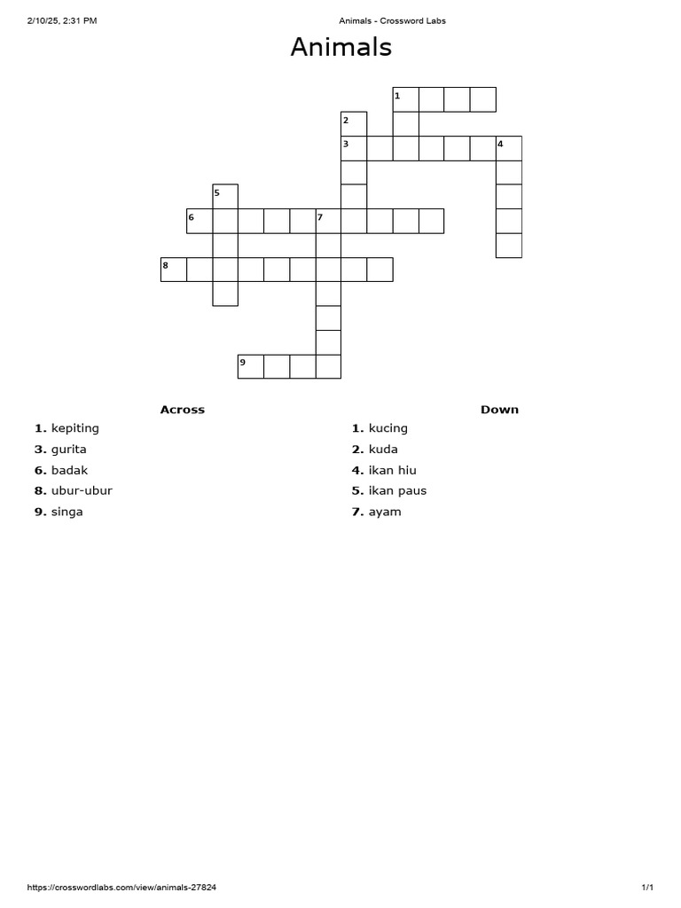 Animals - Crossword Labs Ok | PDF