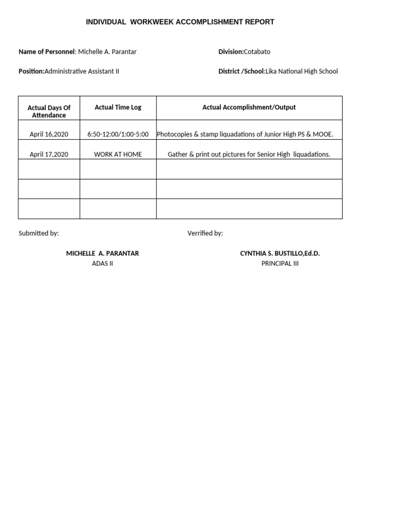 Individual Workweek Accomplishment MAAM RENBIE | PDF