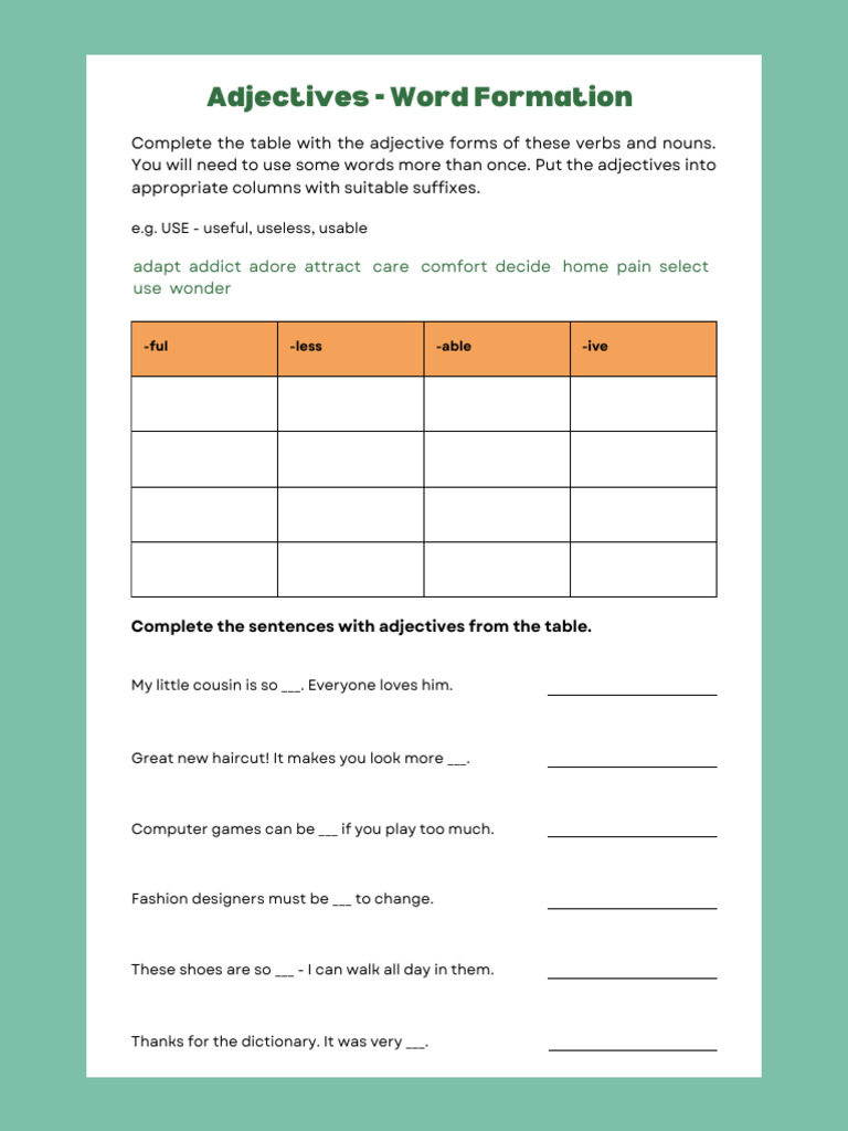 Adjective Formation Exercise | PDF