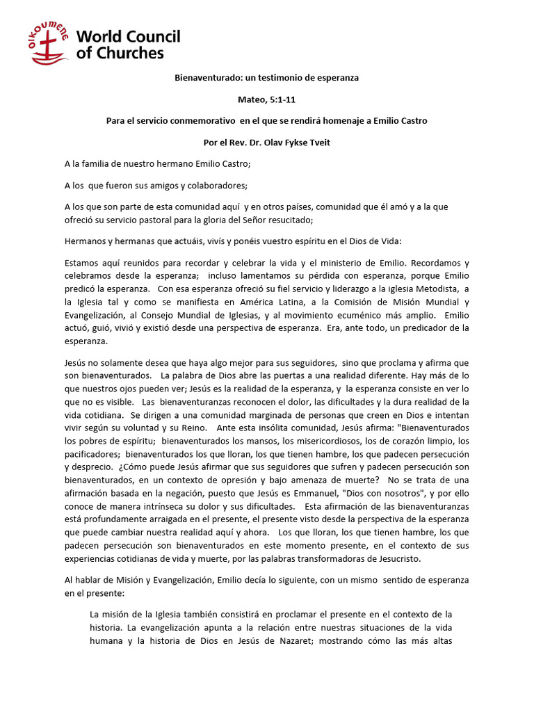Homenaje Esperanzador a Emilio Castro | PDF | Jesús | Bienaventuranzas