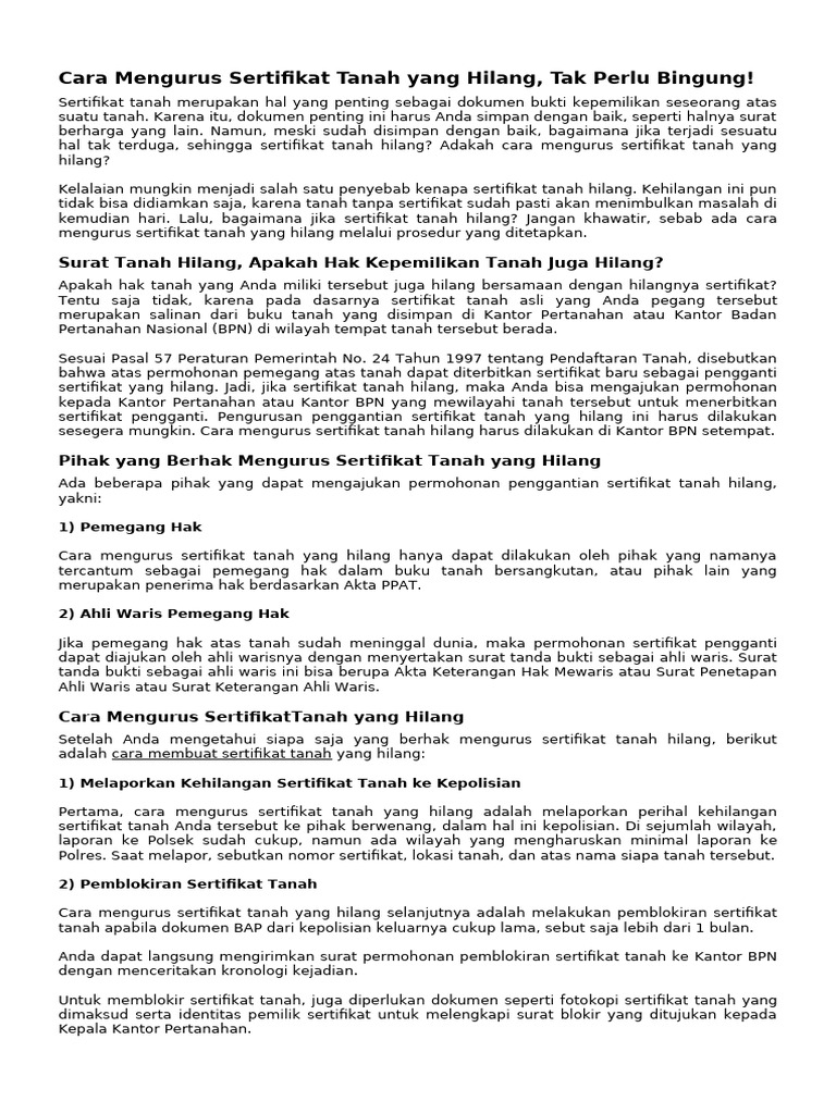 Cara Mengurus Sertifikat Tanah Hilang | PDF