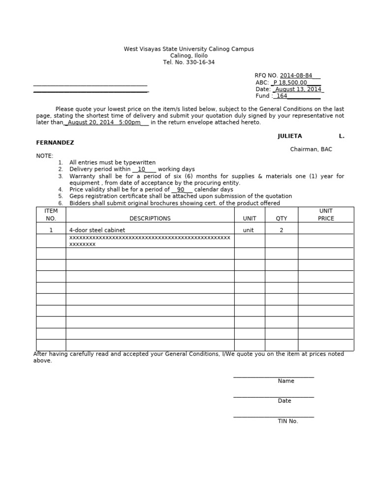 RFQ for Steel Cabinet at WVSU Calinog | PDF