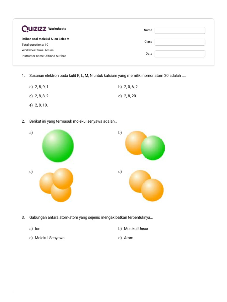 Latihan Soal Molekul & Ion Kelas 9 - Quizizz | PDF
