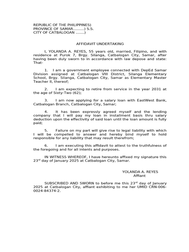 Affidavit of Undertaking - Retirement 2024 | PDF