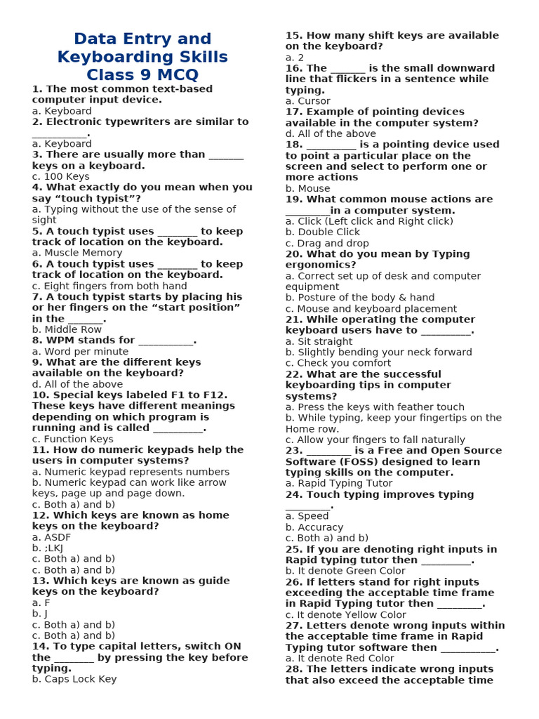 Class 9 Keyboarding Skills MCQs | PDF | Computer Keyboard | Writing ...