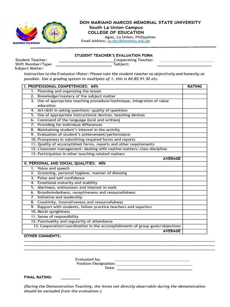 Student Evaluation Form | PDF | Teachers | Performance Appraisal