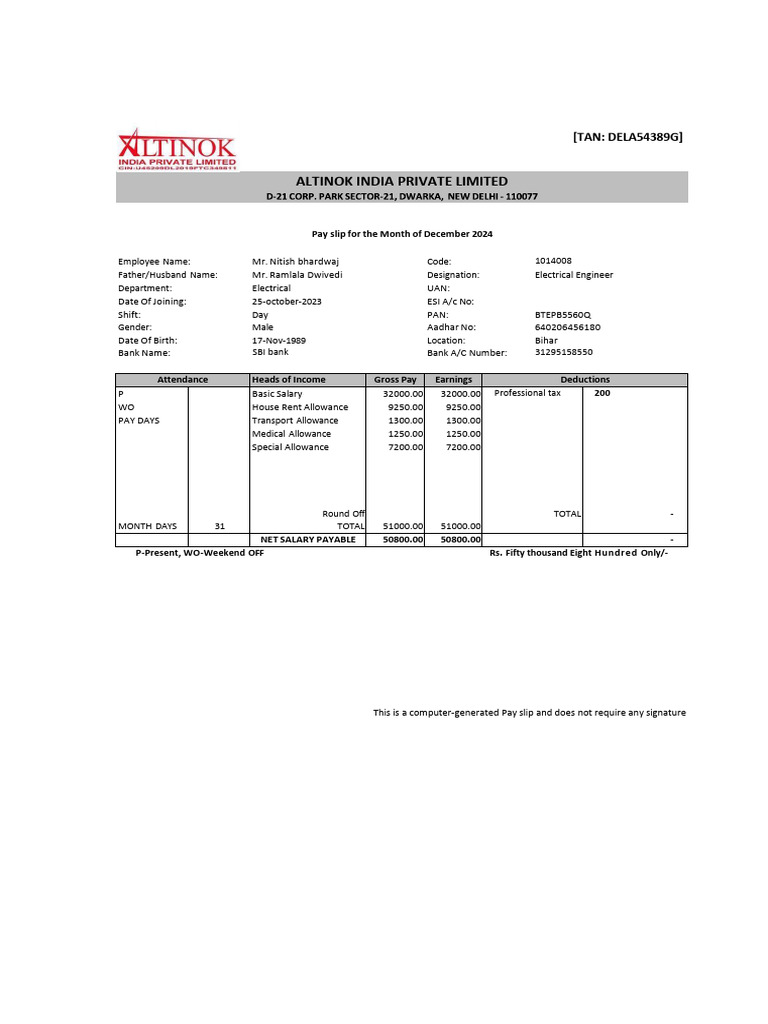 MR - Nitish Bhardwaj December Payslip | PDF